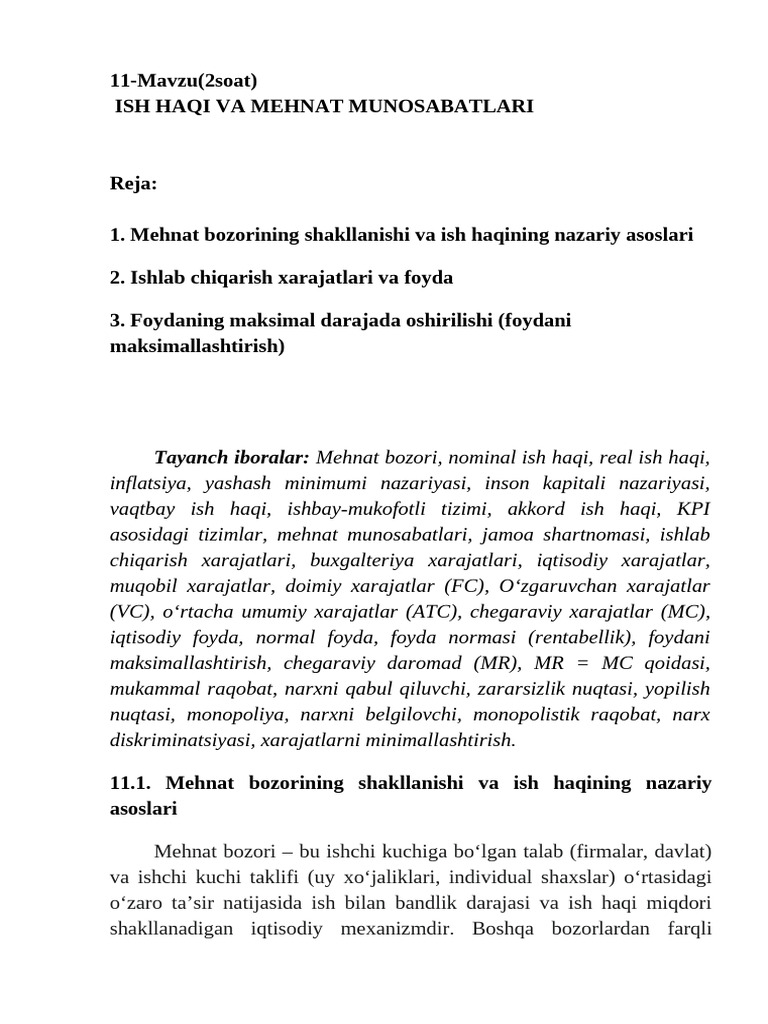 M11 Ish Haqi Va Mehnat Munosabatlari | PDF