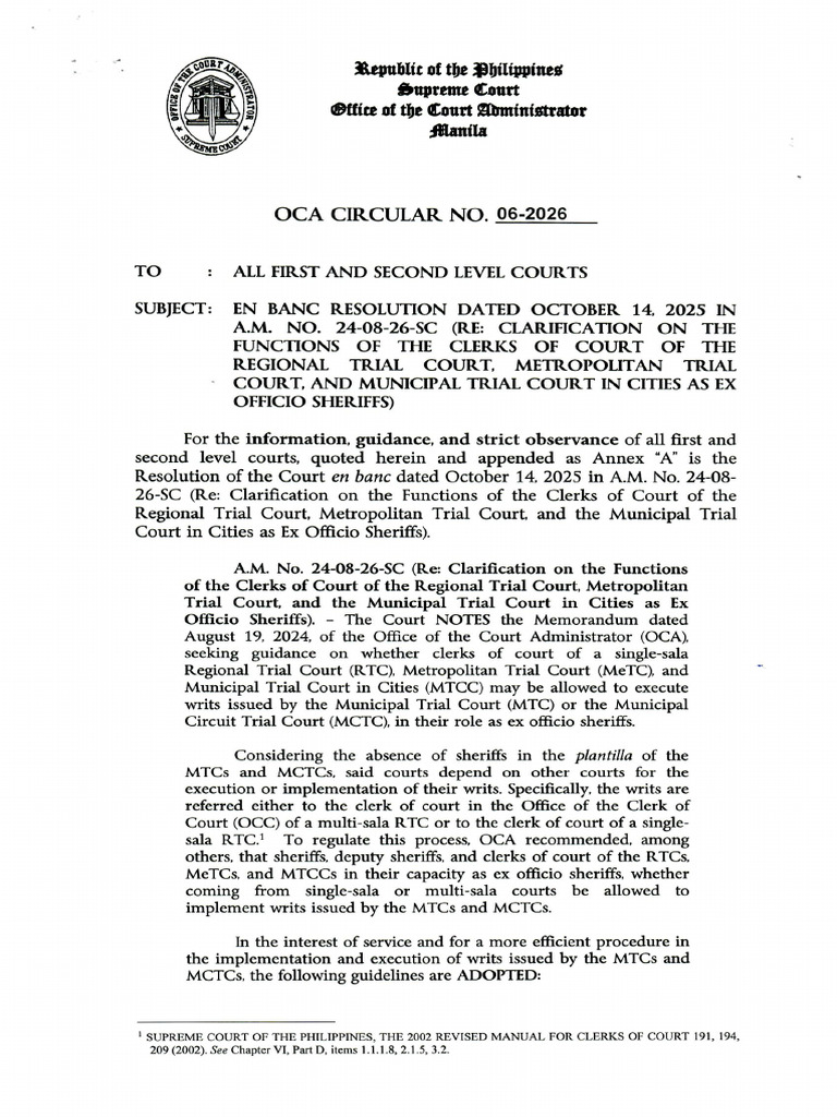 OCA Circular No. 06-2026 | PDF | Sheriff | Government