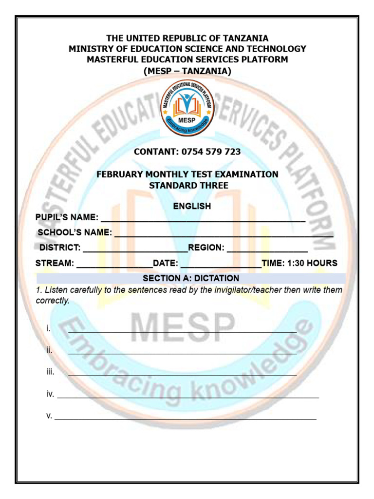 Grade 3, Feb Montly Test, Mesp Tanzania | PDF | Natural Environment | River