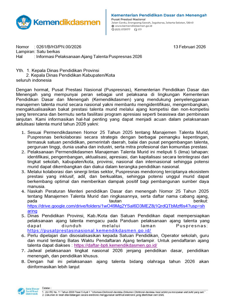 Informasi Pelaksanaan Ajang Talenta Puspresnas 2026 | PDF