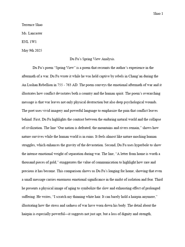 Du Fu's Spring View _ Terrence Shao | PDF | Poetry | Grief