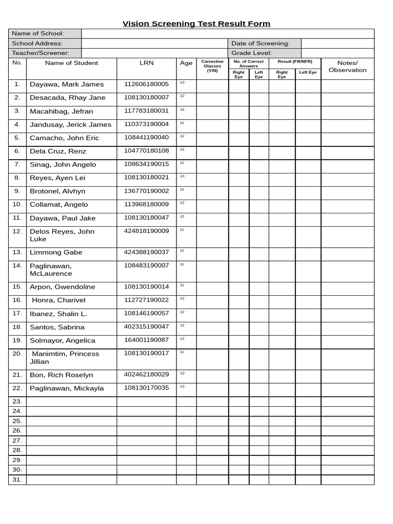 Vision Screening Test Result Form Screeners g6 | PDF | Chess Openings ...