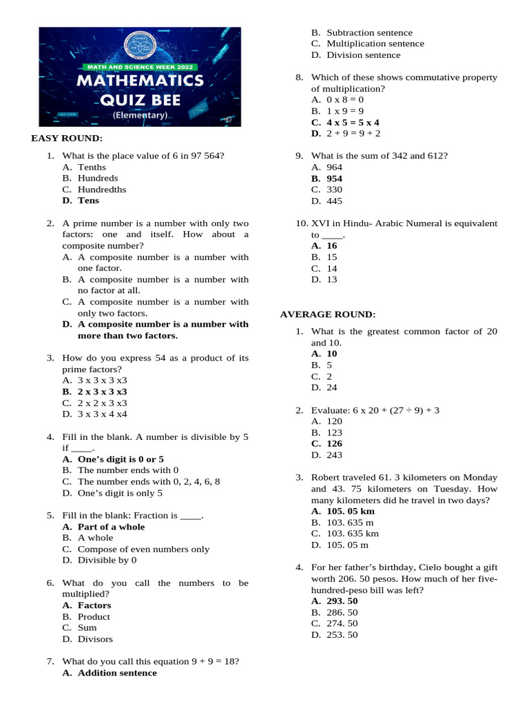 Math and Science Questions Elementary | PDF | Atmosphere | Earth