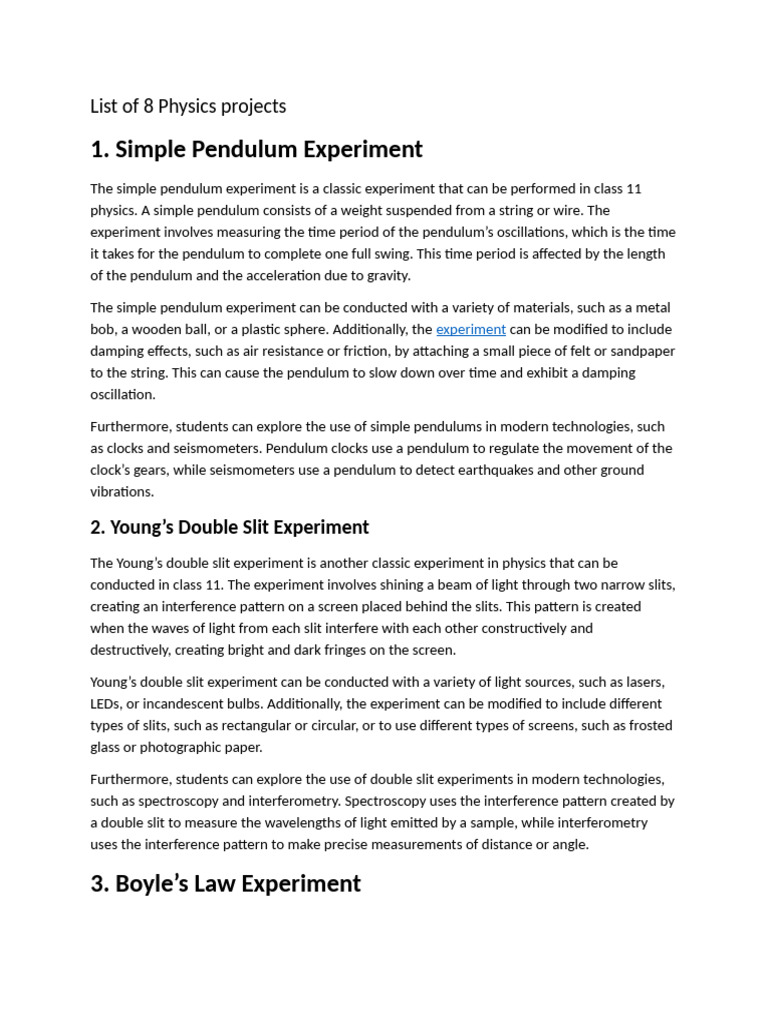 List of 8 Physics Projects | PDF | Pendulum | Gases