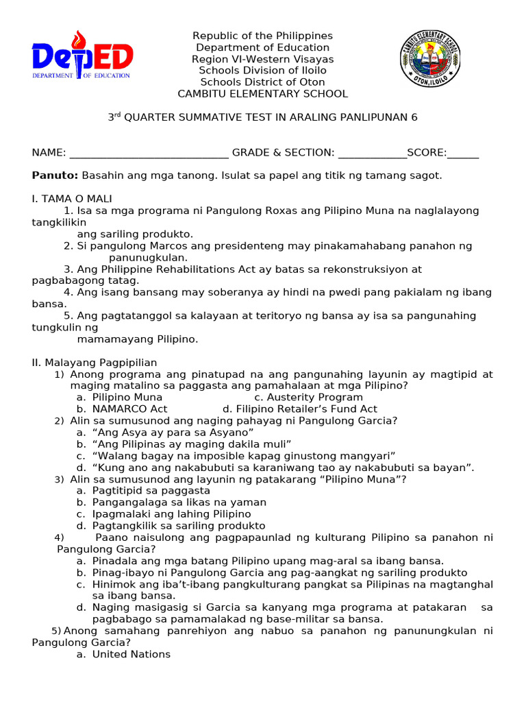 3rd Quarter Summative Test in Ap6 | PDF