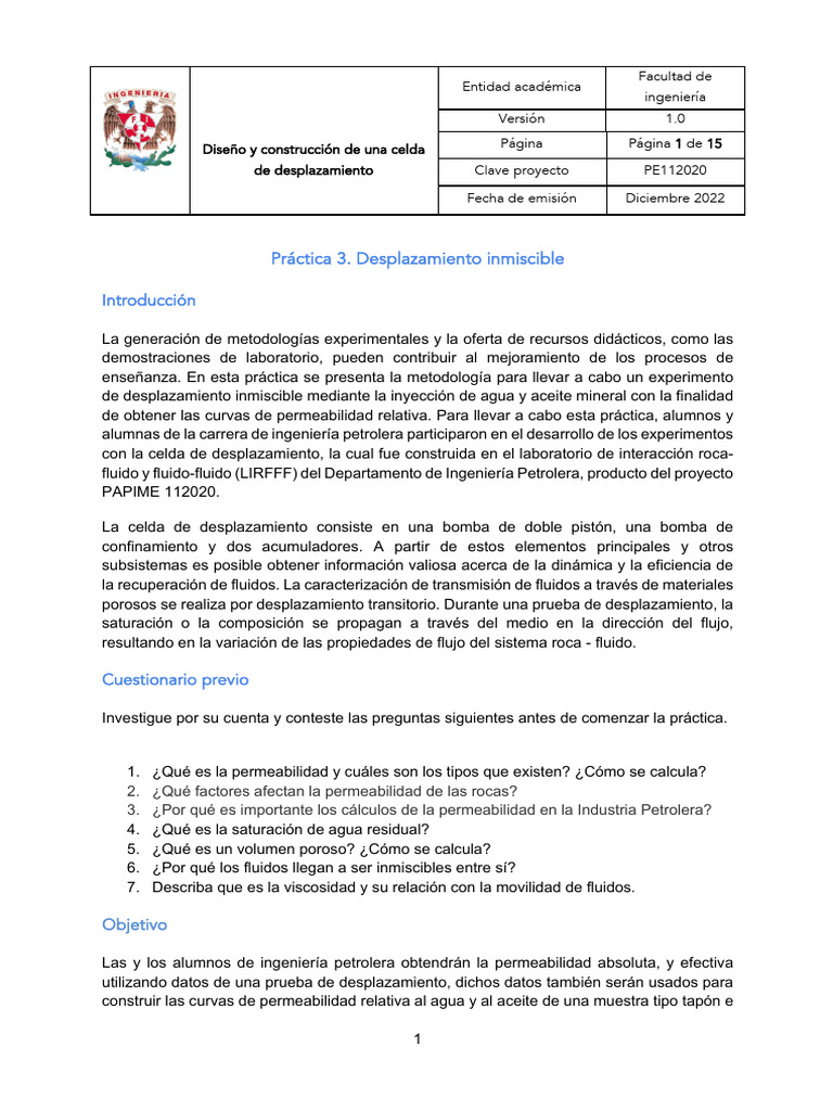 Práctica 3_Desplazamiento inmiscible_c | PDF | Bomba