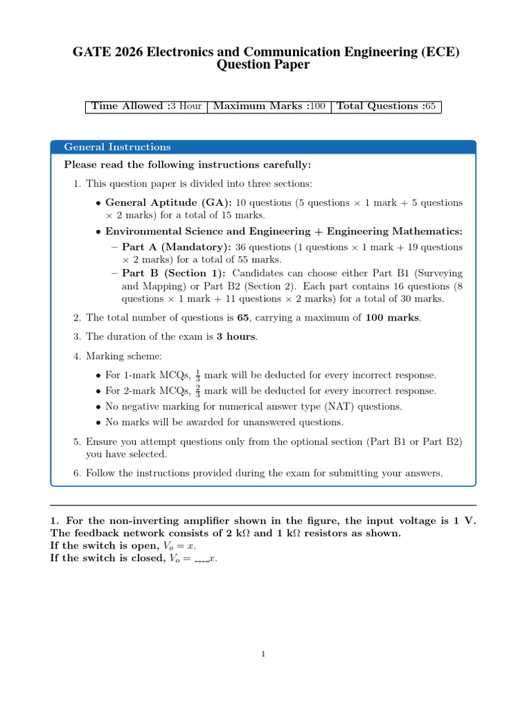 GATE 2026 Electronics and Communication Engineering ECE Question Paper ...