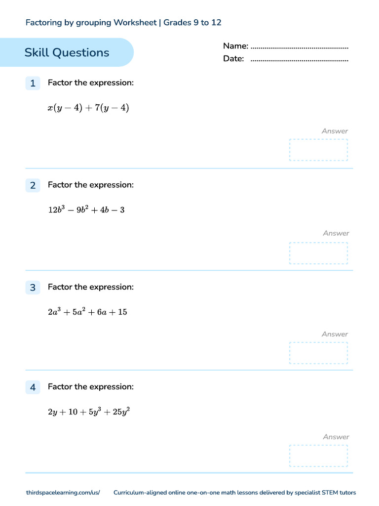 Grade 10 To 12 Factoring by Grouping Worksheet | PDF | Mathematics ...