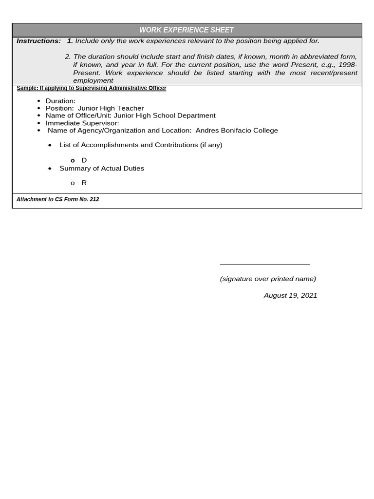Work Experience Sheet Form 212 (1) | PDF