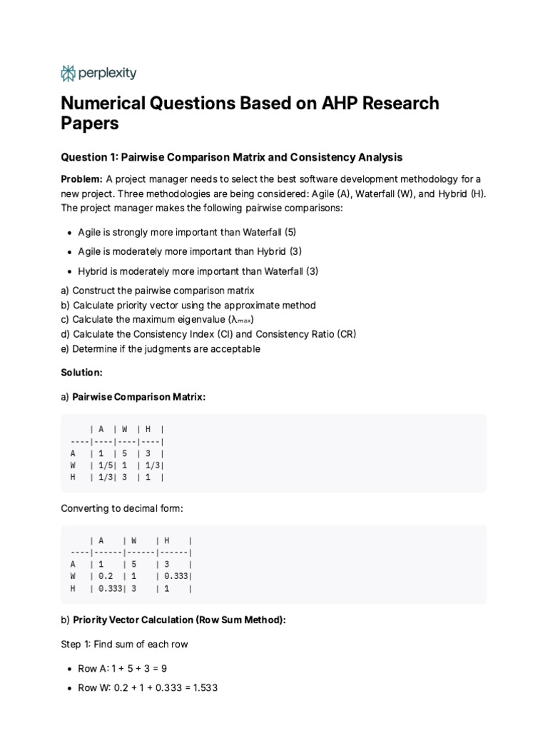 Numerical Questions Based On AHP Research Papers | PDF | Matrix ...