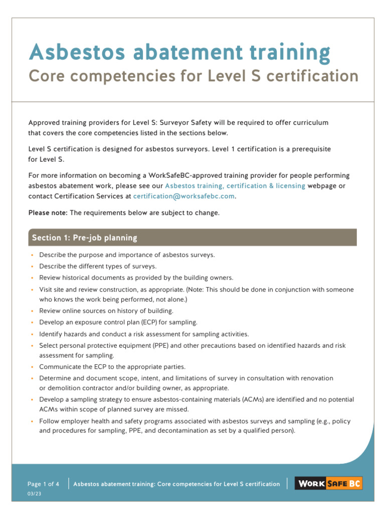 Asbestos Abatement Training Core Competencies Level S Certification PDF ...