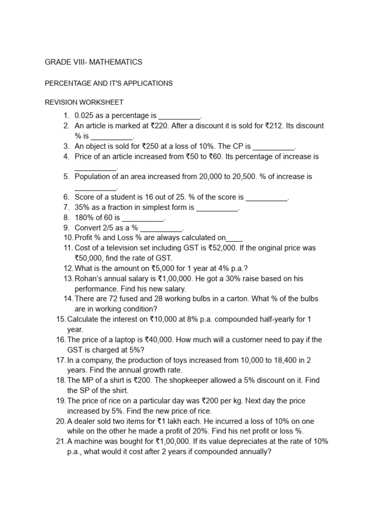 Grade 8 Percentages and Applications | PDF