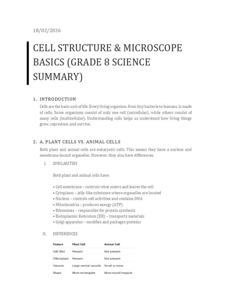 Cell Structure 0 Microscope Basics (Grade 8 Science Summary) | PDF
