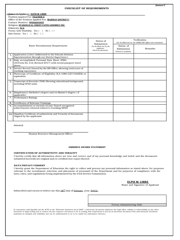 Annex C Checklist of Requirements and Omnibus Sworn Statement Copy 1 | PDF