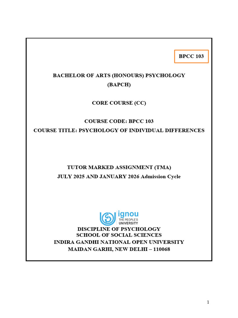BPCC 103 July 2025 2026 BAPCH Assignment | PDF | Intelligence | Psychology