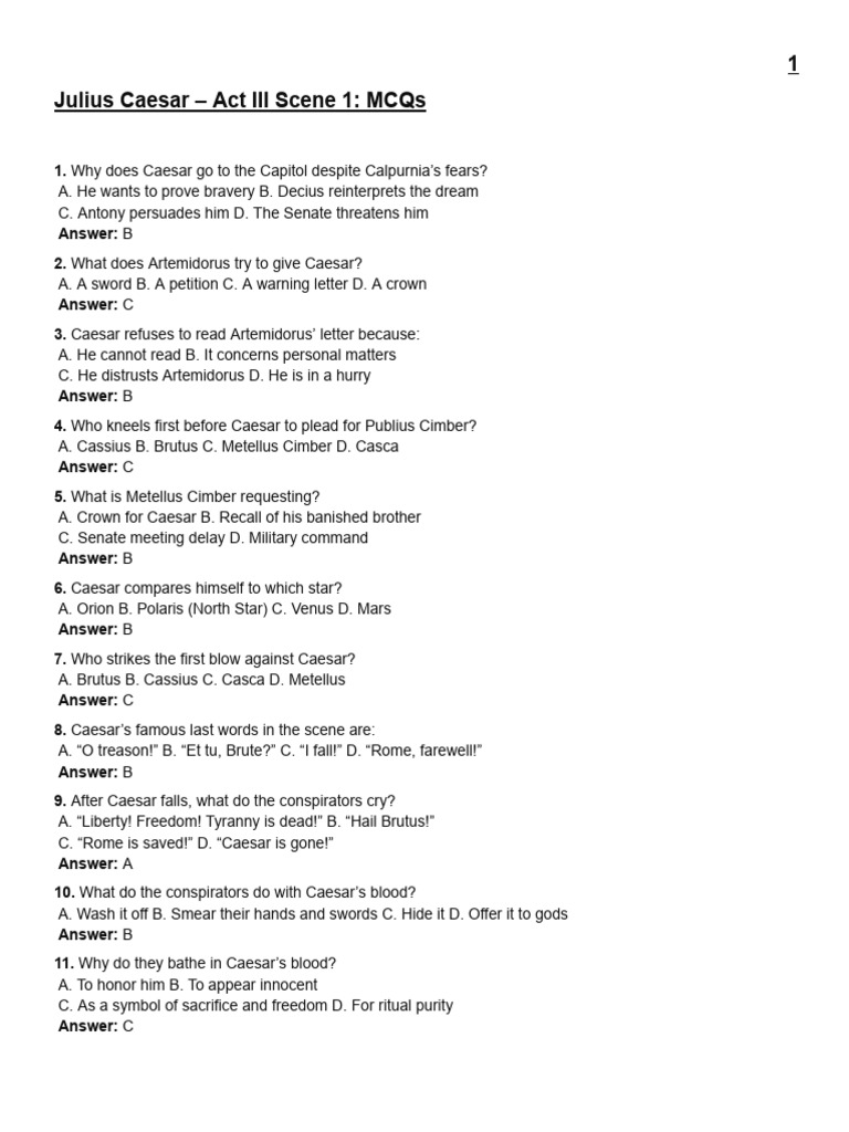 Julius Caesar - Act III Scene 1, 2 & 3 - MCQs | PDF | Mark Antony ...