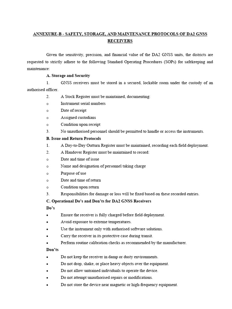 ANNEXURE - B - Safety and Storage Protocols of DA2 GNSS Receivers | PDF