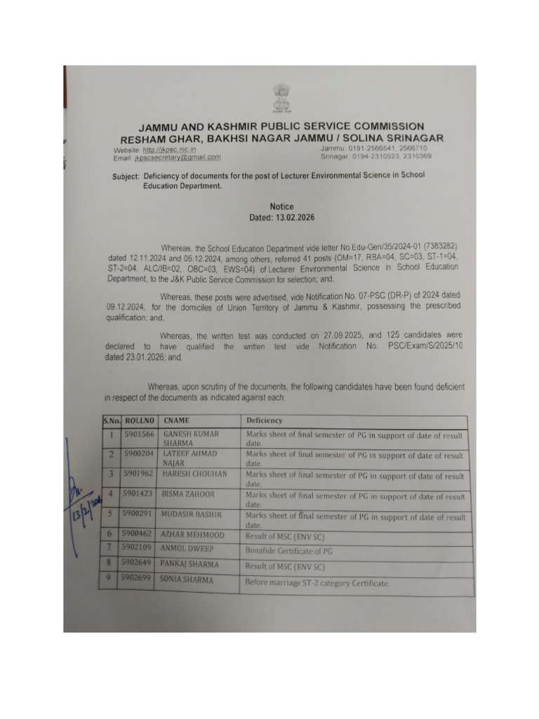 Deficiency Notice for the Post of Lecturer Environmental Science in ...