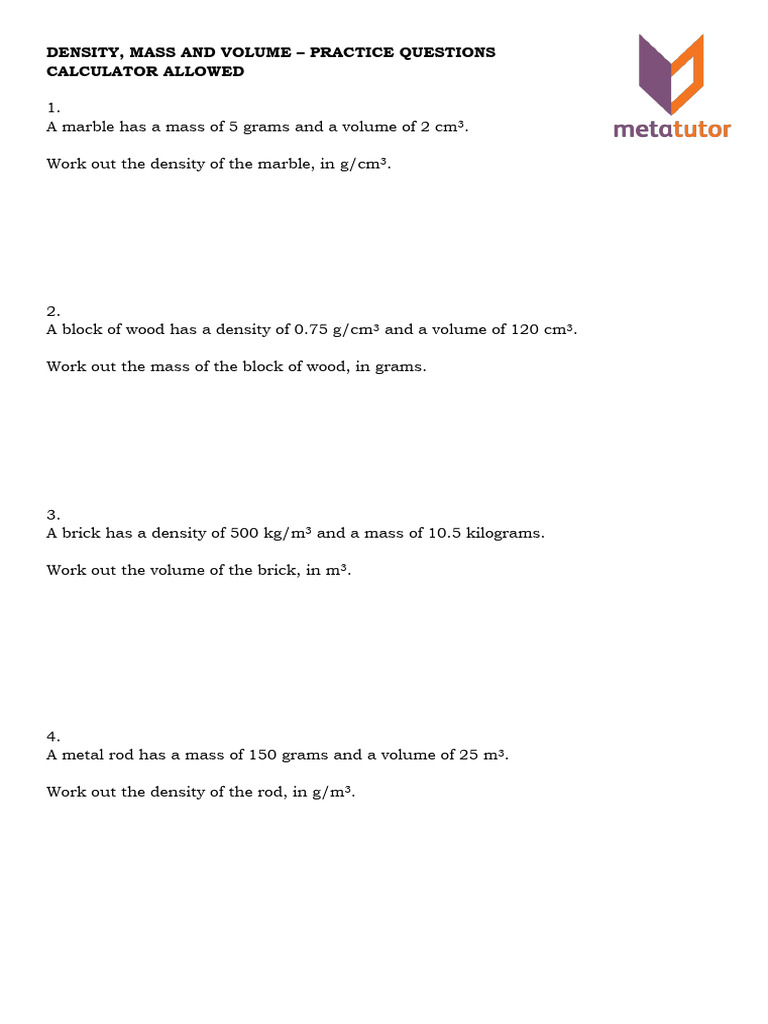 Density Mass Volume | PDF | Density | Kilogram