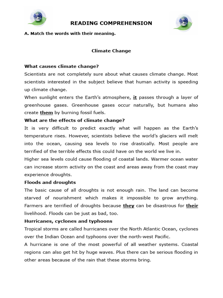 Climate Change Calamities Reading Comprehension Exercises 46959 | PDF ...