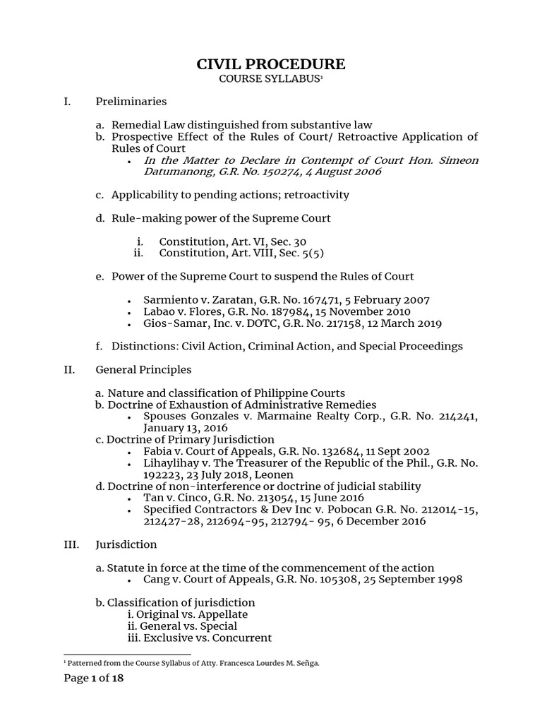 Revised Civpro Syllabus With Cases | PDF | Injunction | Jurisdiction