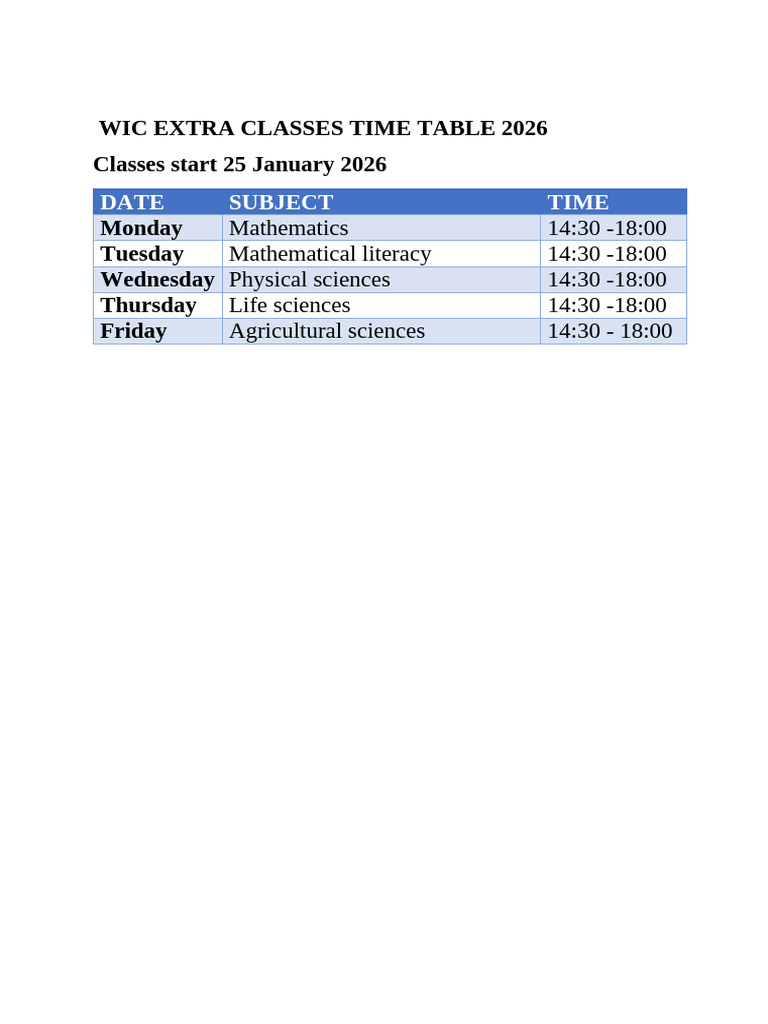 Wic Extra Classes Time Table 2026 | PDF