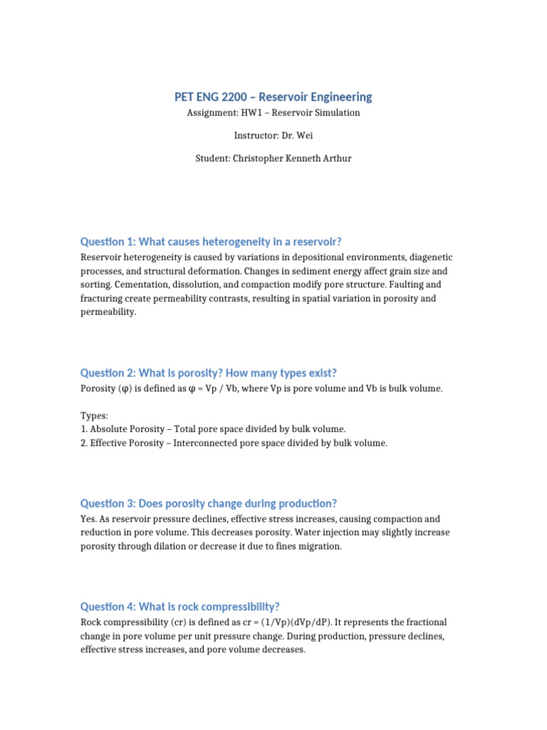 PET_ENG_2200_HW1_Christopher_Kenneth_Arthur | PDF | Porosity | Gases