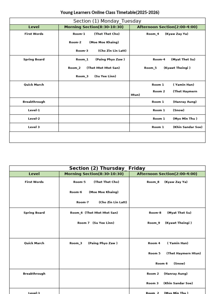 Young Learners Online Class Timetable | PDF
