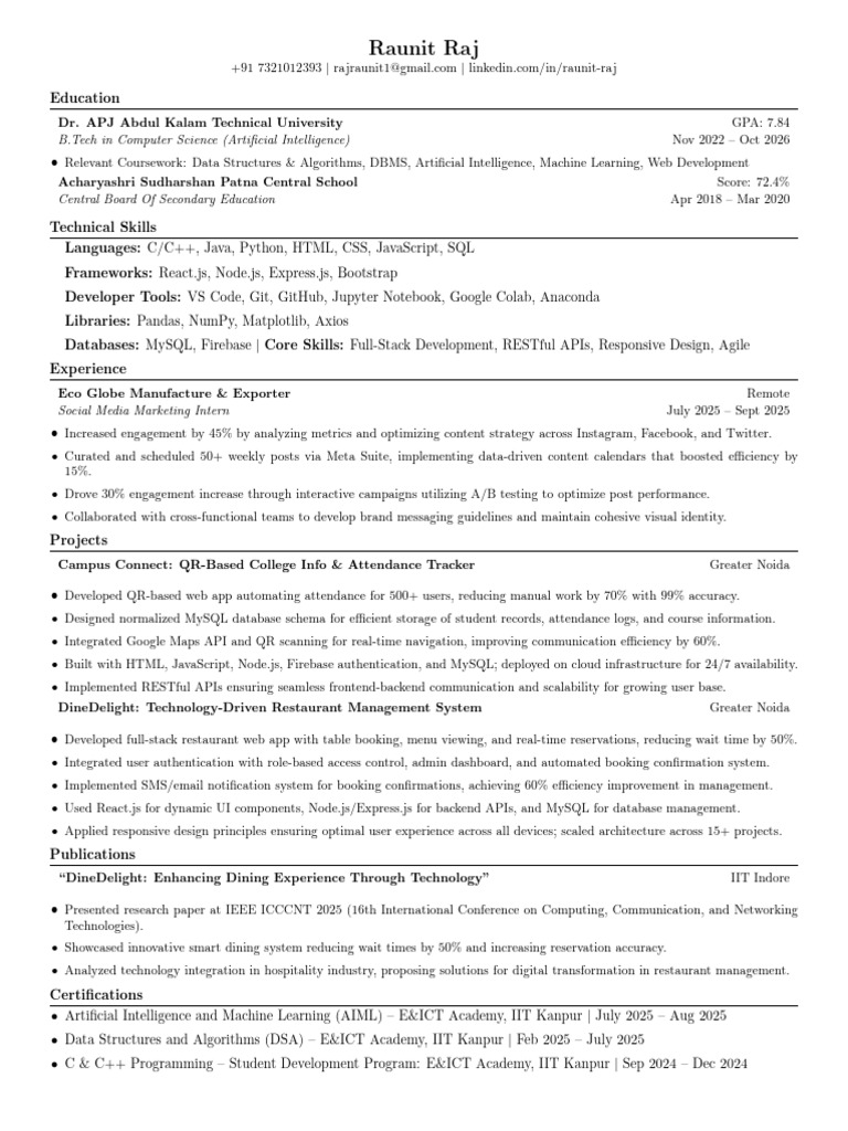 Raunit_resume(1)-3-1 | PDF | Databases | My Sql
