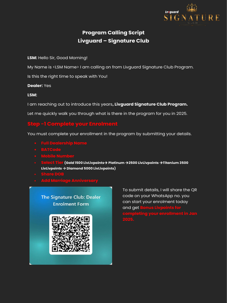 Livguard - Signature Club - Program Calling Script | PDF