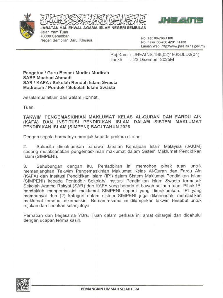 Takwim Pengemaskinian Maklumat Kelas Al-quran Dan Fardu Ain (Kafa) Dan ...
