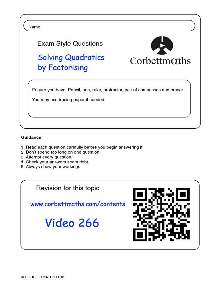 Topic 28.6 (Algebra) - Quadratic Equations - Corbett Maths | PDF ...