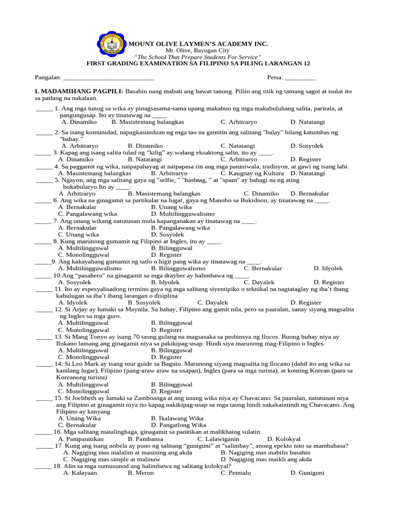 2ND Sem - First Grading - Filipino Sa Piling Larangan | PDF