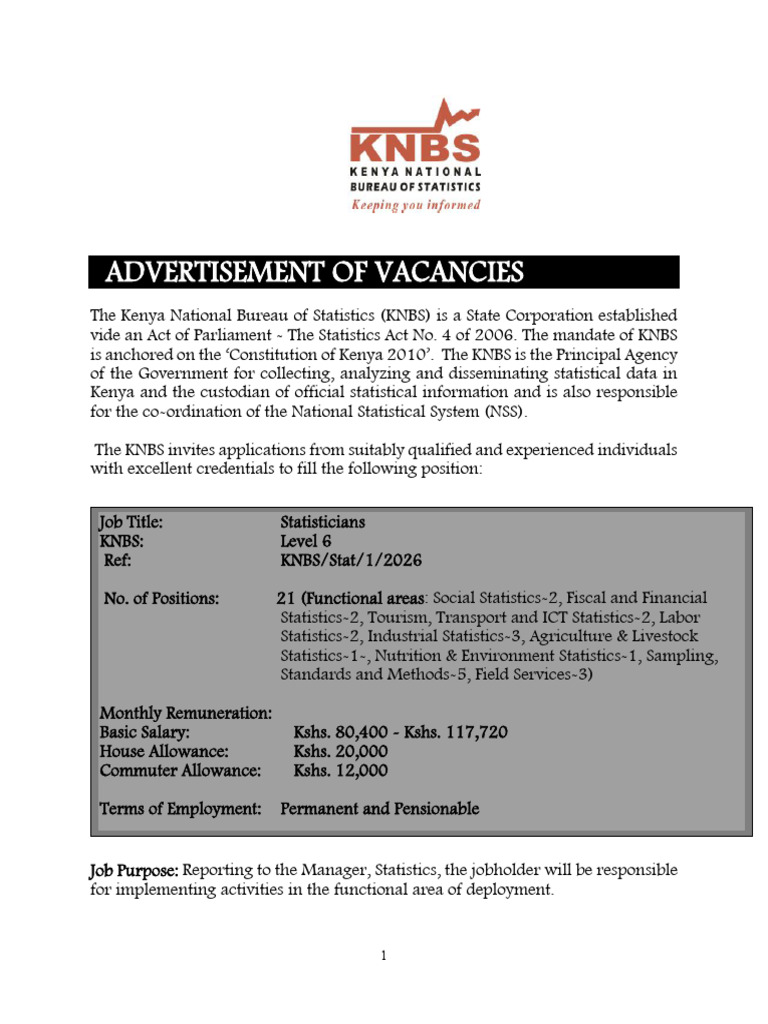 Knbs Advertisement of Jobs January2026 | PDF | Census | Statistics