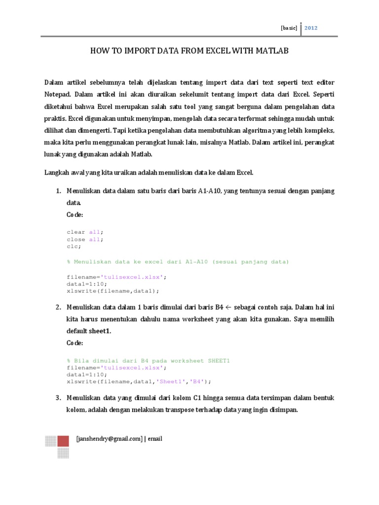 How To Import Data From Excel With Matlab | PDF