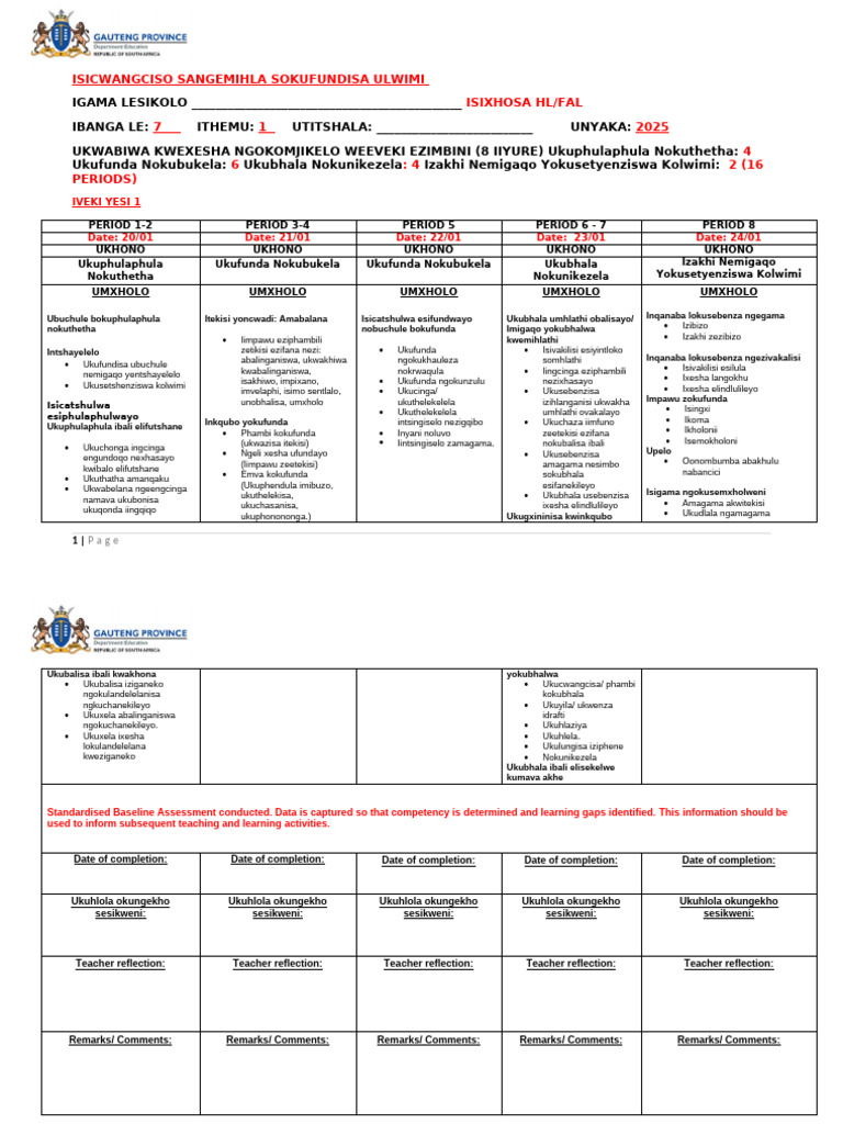 2025 Isixhosa Dated Lesson Plan Ikota Yoku 1 Grade 7 | PDF