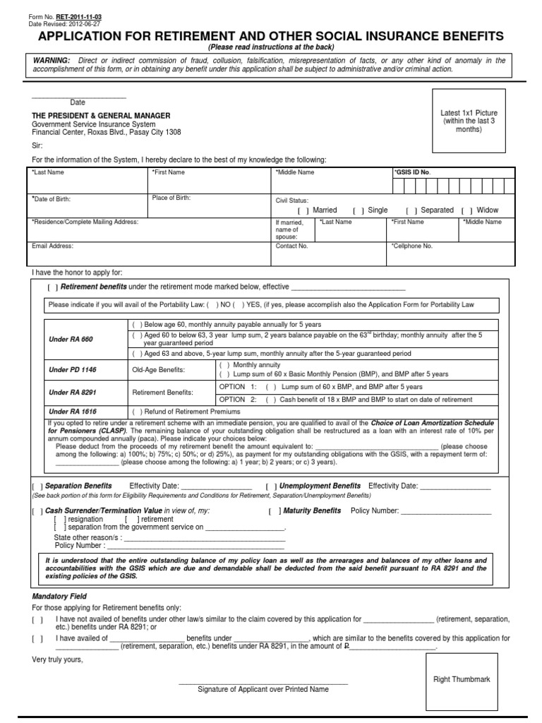 Application For Retirement | PDF | Unemployment Benefits | Loans