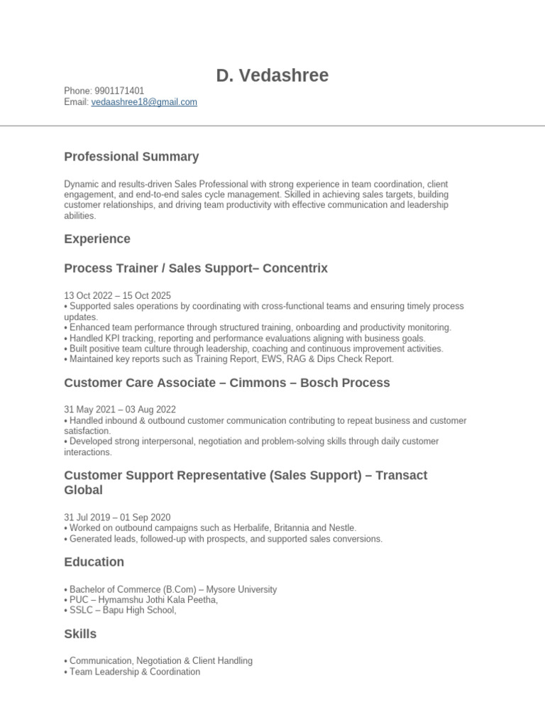 D Vedashree Resume | PDF
