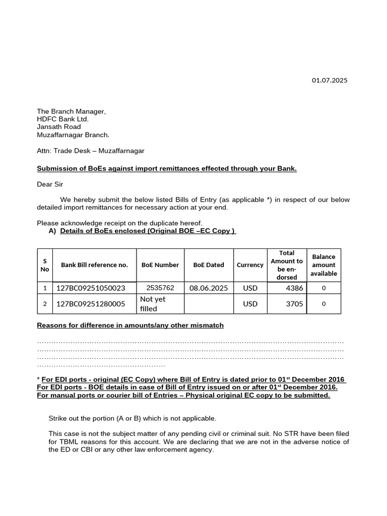 BOE Submission Letter Format-18.06.25 | PDF | Foreign Exchange Market