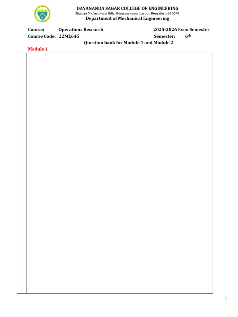 Question Bank or Module 1 and Module 2 2025-26 | PDF | Operations ...