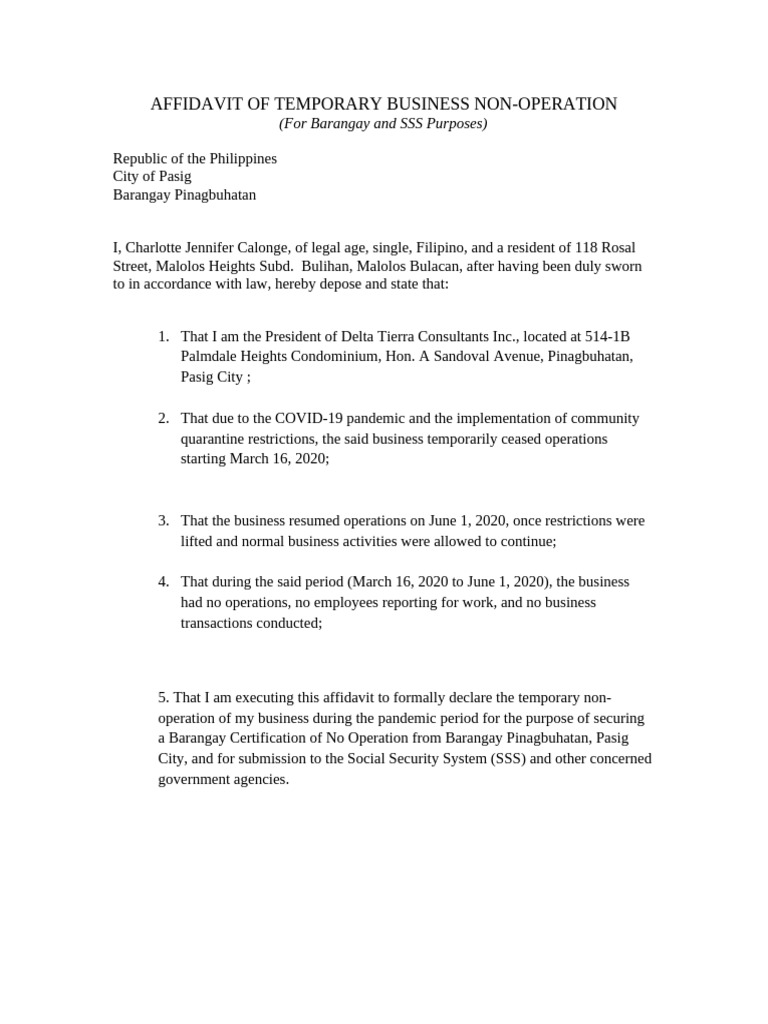 Affidavit of Temporary Business Non-Operation | PDF