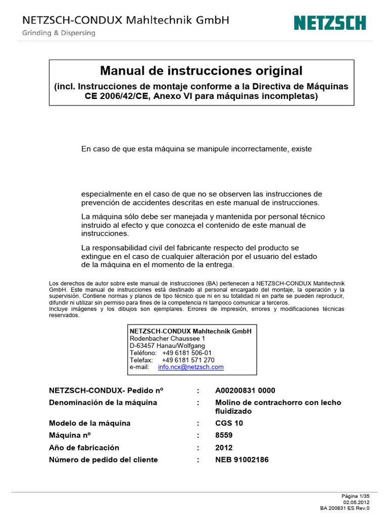 Manual Netzsch CGS-10 Planta Piloto | PDF | Molino (molienda) | Gases