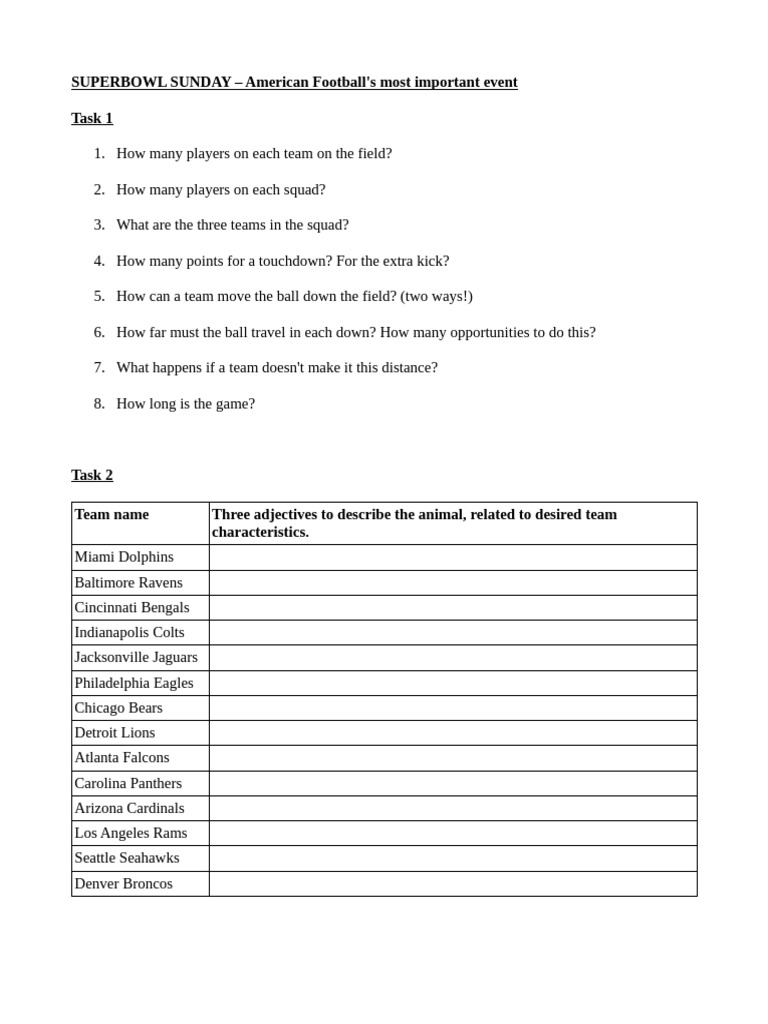 Super Bowl Worksheet1 | PDF