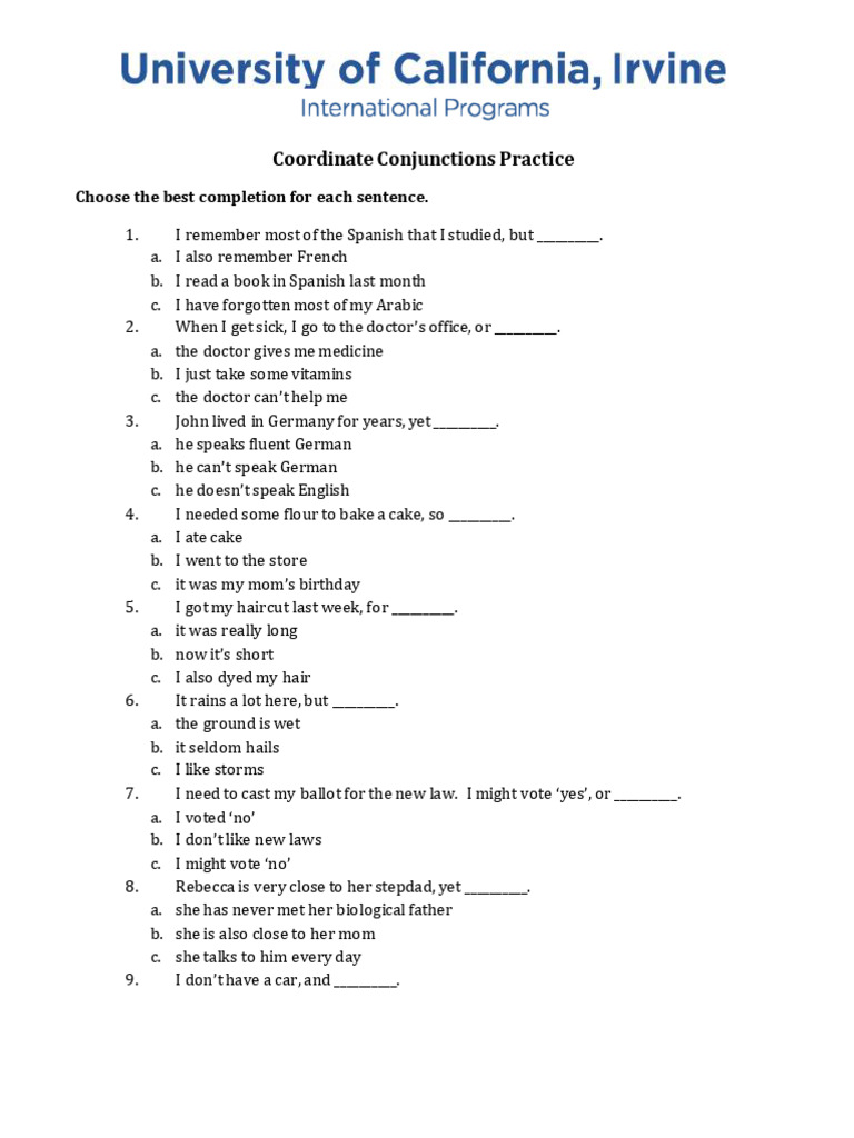 Coordinate Conjunctions Practice: Choose The Best Completion For Each ...