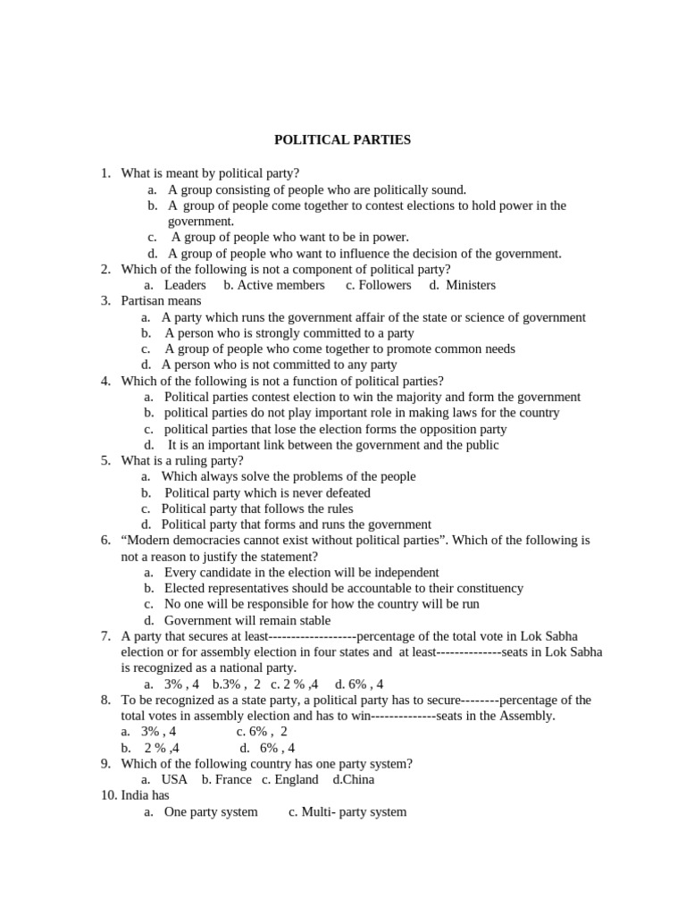 Worksheet Political Parties 25 26 | PDF | Politics Of India | Democracy