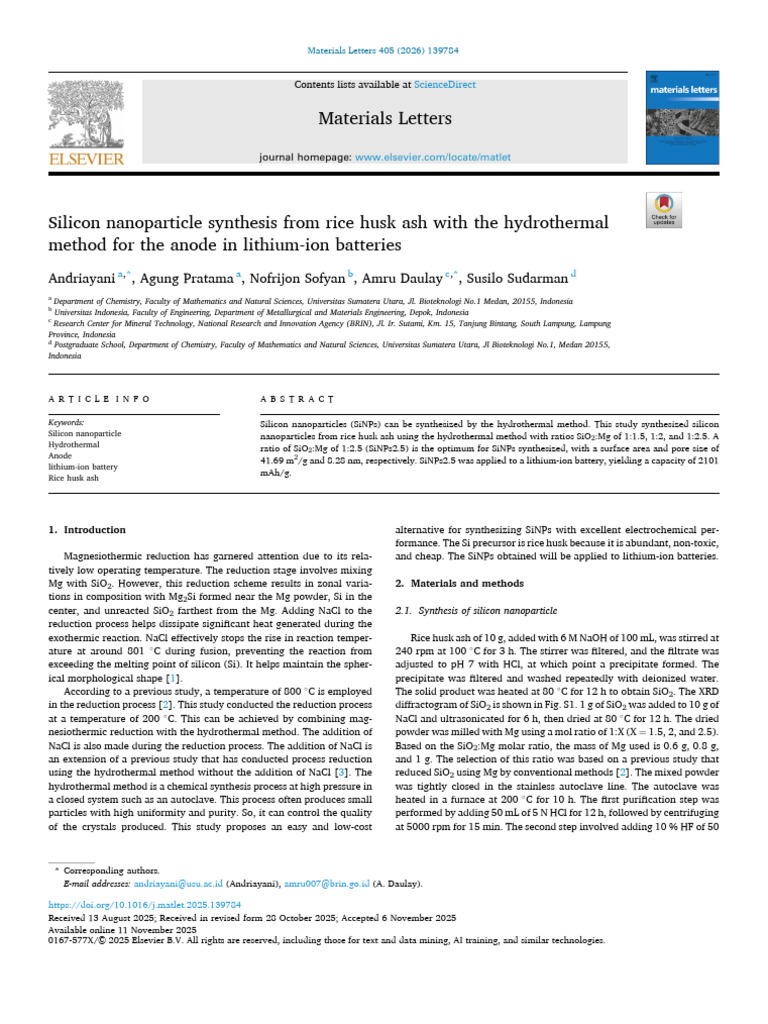 Silicon Nanoparticle Synthesis From Rice Husk Ash With The Hydrothermal ...