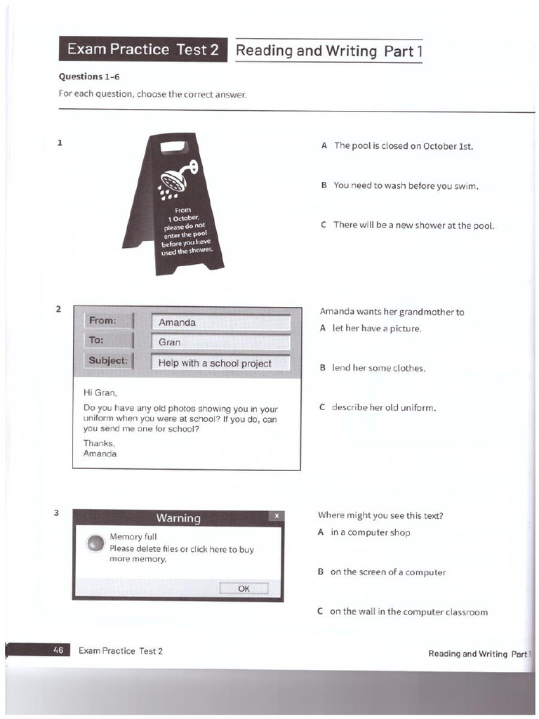 A2 KEY For Schools Trainer Exam 2 - Reading and Writing (No Training) | PDF