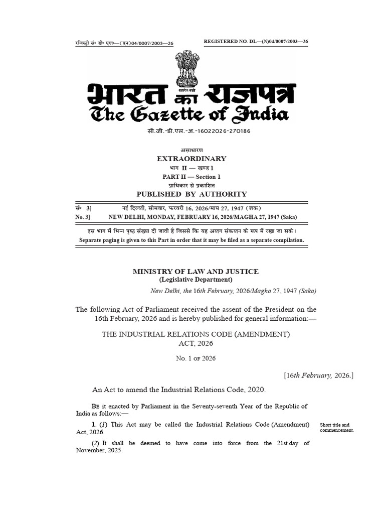 Notification of The Industrial Relations Code Amendment Act 2026 | PDF ...