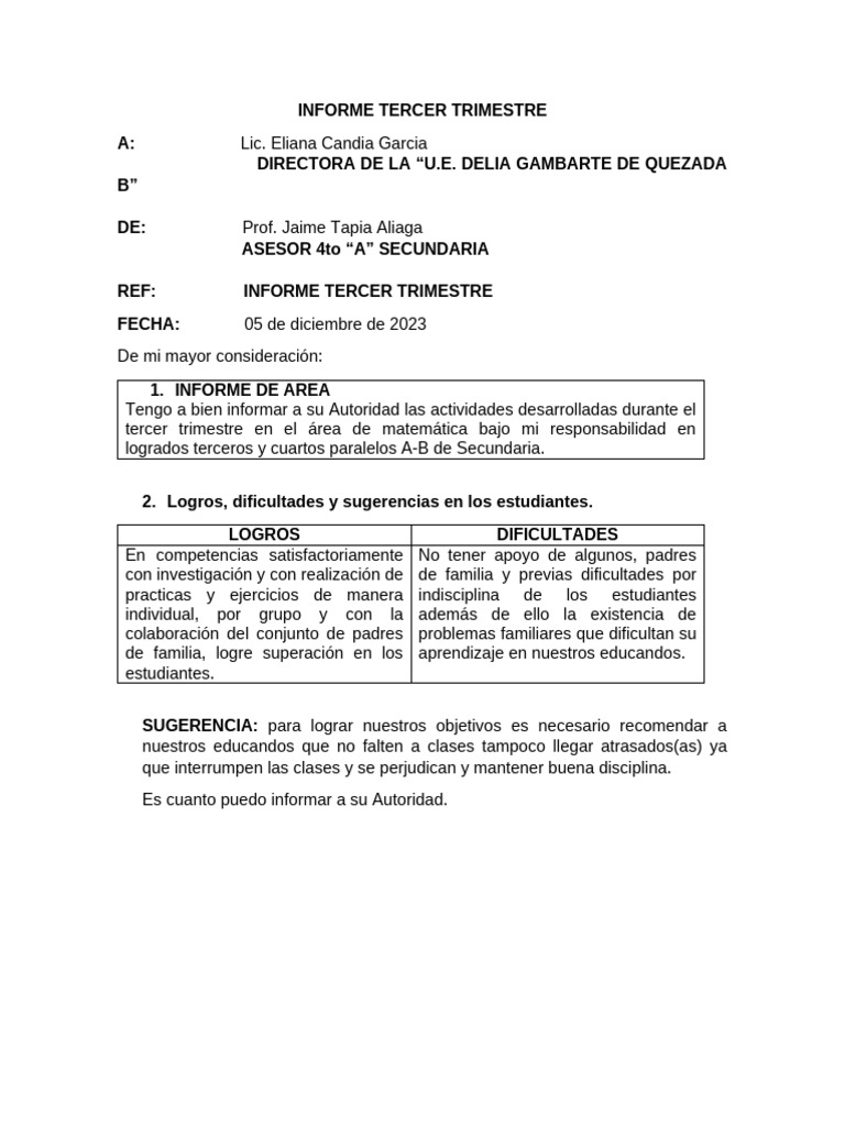 INFORME TERCER TRIMESTRE | PDF | Modificación de comportamiento | Enseñando