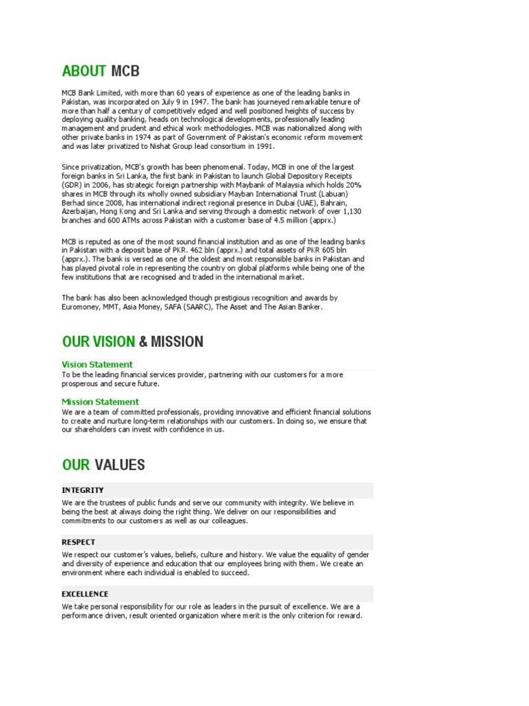 Mcb Bank Information | Transaction Account | Deposit Account